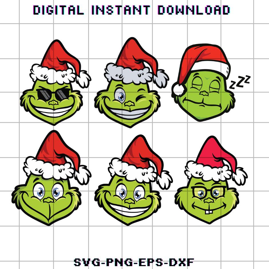 Christmas Grinch Smiley Svg Bundle, Green Guy Digital File, Merry ...