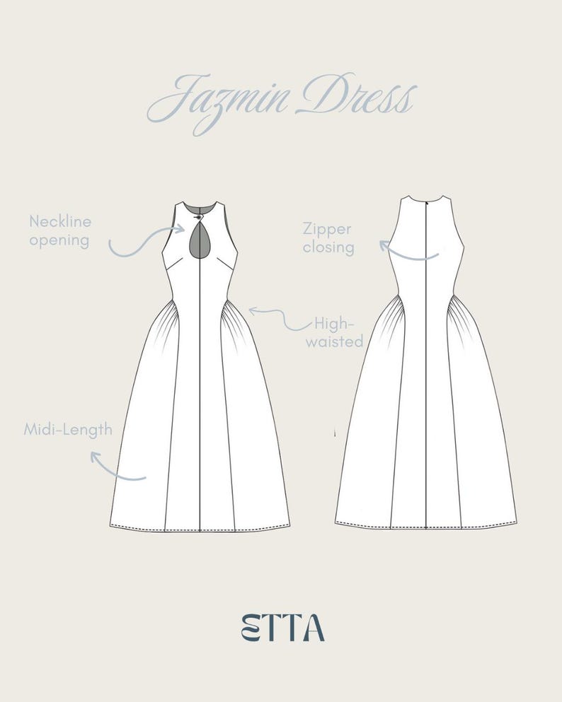Jazmin Dress - Cutout Midi Dress PDF Sewing Pattern - Drop-waist ...