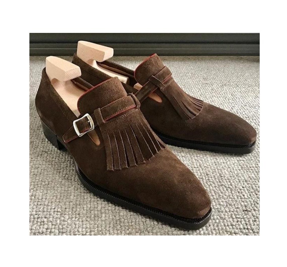 New Handmade Suede Madrid Strap Shoes, Men Suede Brown Shoes, Leather ...