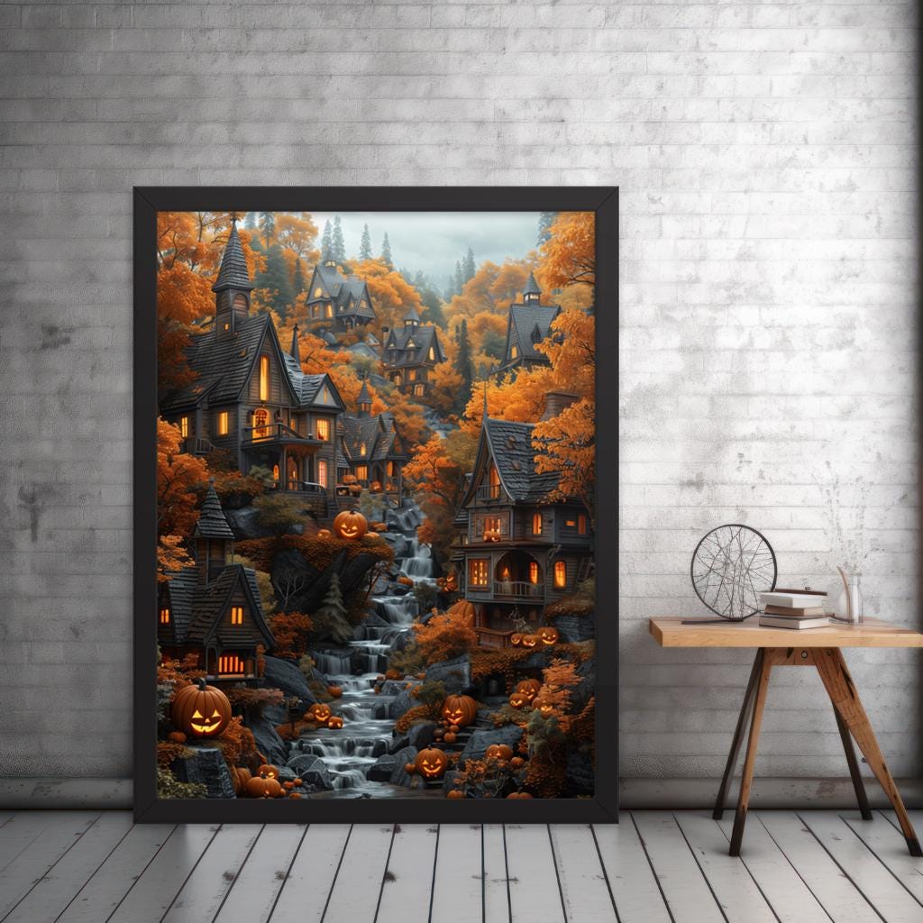 Scenic Halloween Folk Art Poster | Digital Download, Vintage Halloween ...