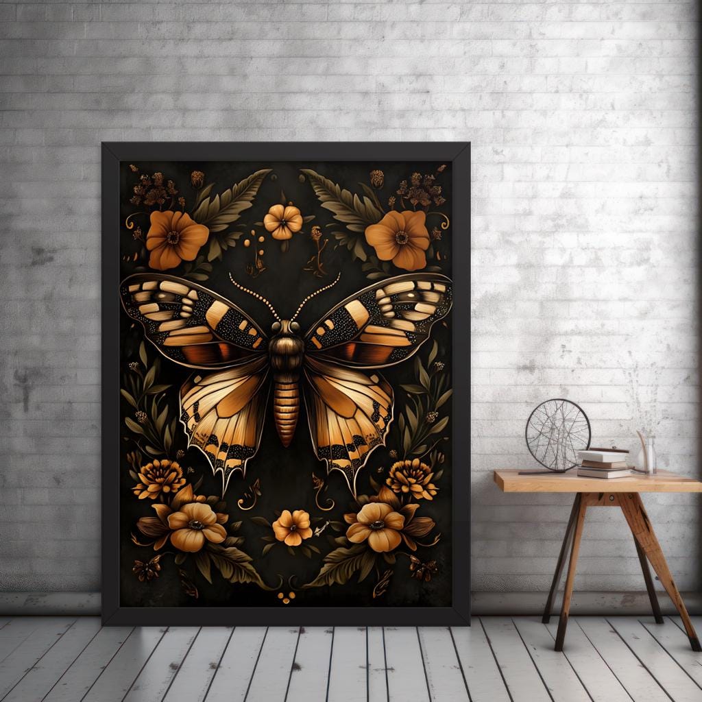 Cottagecore Atlas Moth Poster | Dark Floral Gothic Cottagecore Art ...