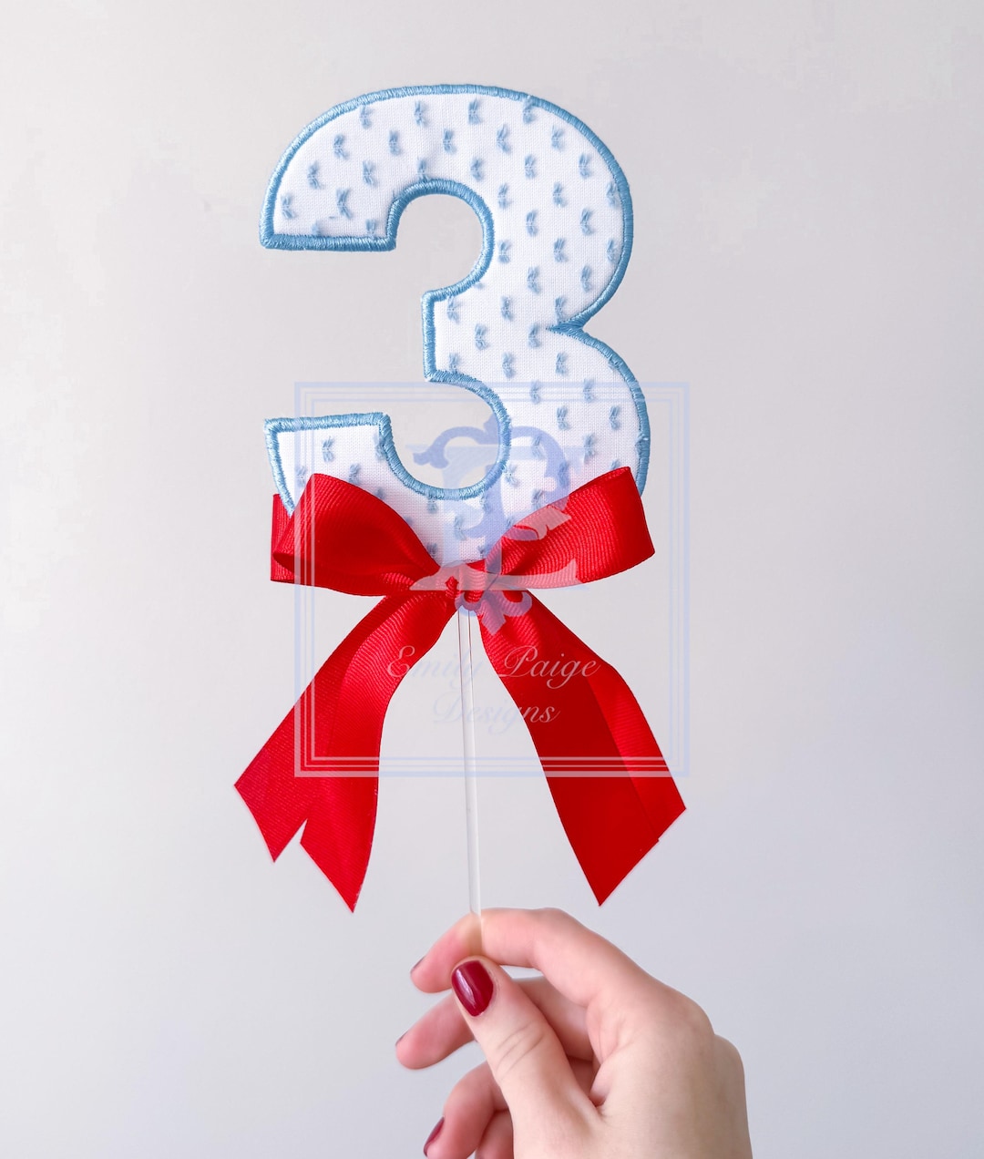 Embroidered Number Cake Topper | Red Bow, Heirloom Fabric Party Decor ...