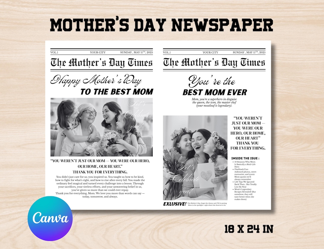 Editable Mothers Day Newspaper Template, Personalized Mothers Day Gift ...