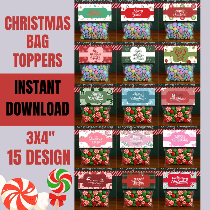 Christmas Bag Toppers 3 Inches, 15 Printable Christmas Treat Bag ...