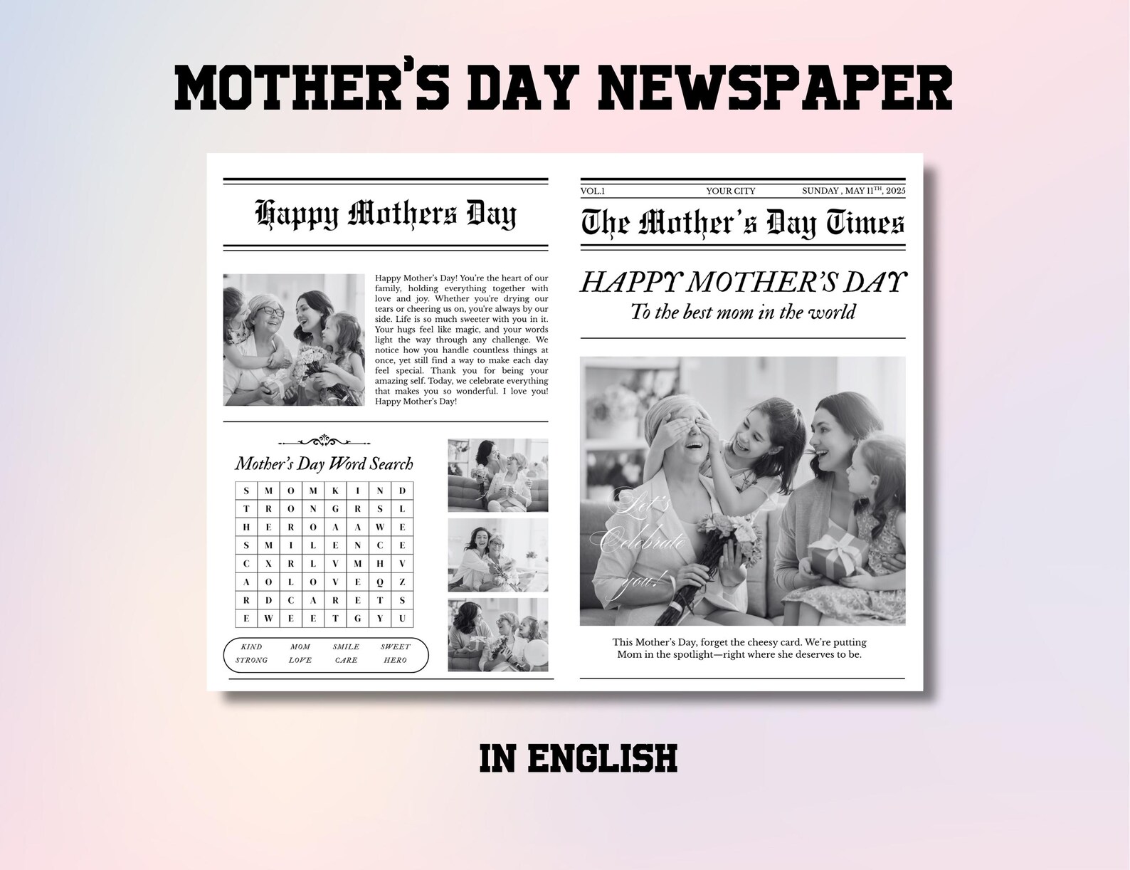Editable Mothers Day Newspaper Template, Personalized Mother's Day Gift ...