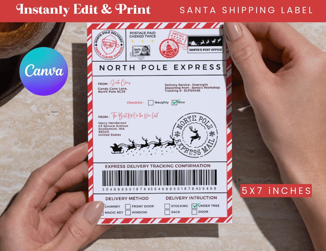 Editable Elf Santa Shipping Label, North Pole Postage Labels, Mailing ...