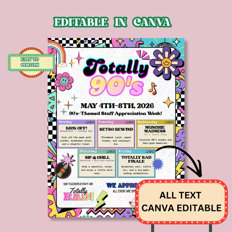 Retro 90s Theme Teacher Appreciation Week Flyer Template Canva Editable ...