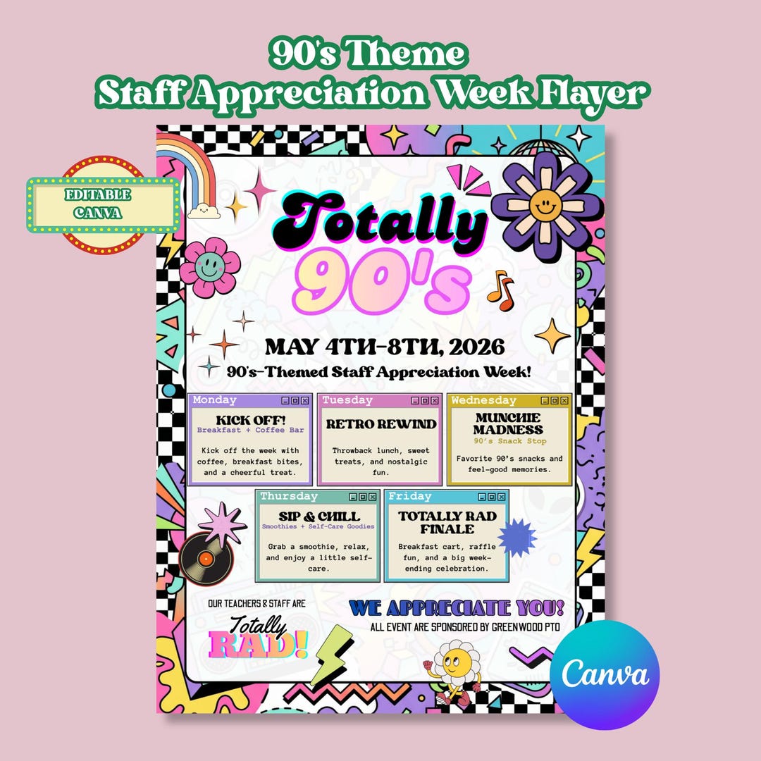Retro 90s Theme Teacher Appreciation Week Flyer Template Canva Editable ...