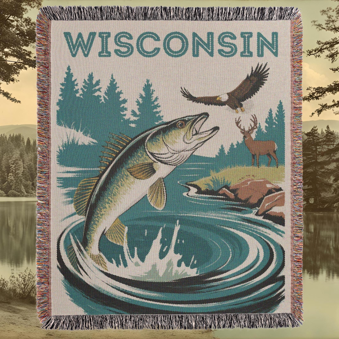 Wisconsin Cabin Woven Throw Blanket | Walleye Fishing Gift for ...