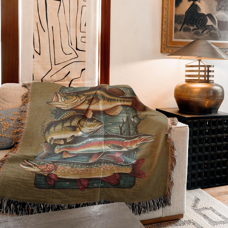 Cabin Woven Throw Blanket Bass Walleye Pike Trout Fish Art Tapestry Fly ...