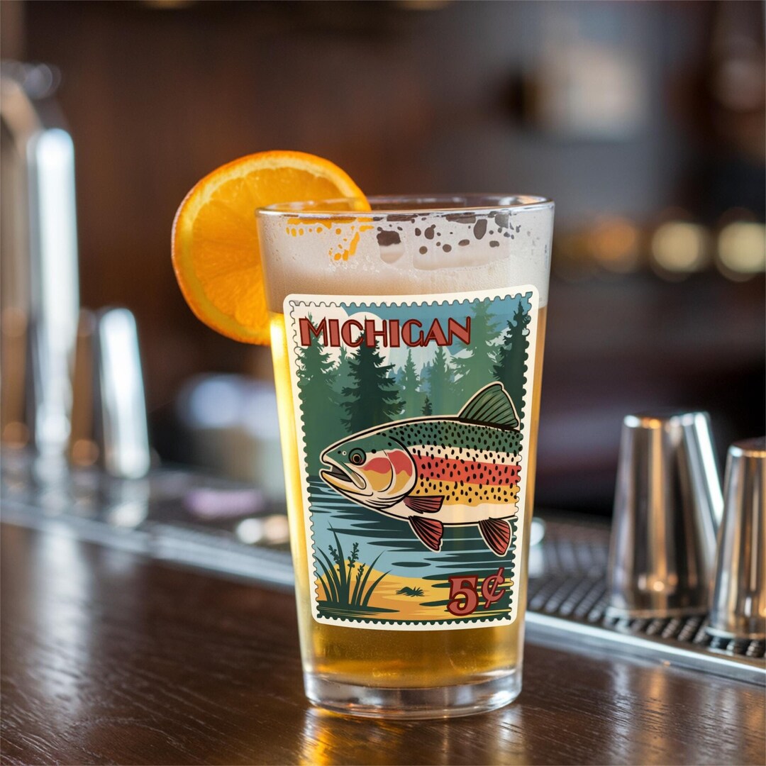 Rainbow Trout Fishing Beer Glass | Michigan Stamp Pint Glass Gift for ...