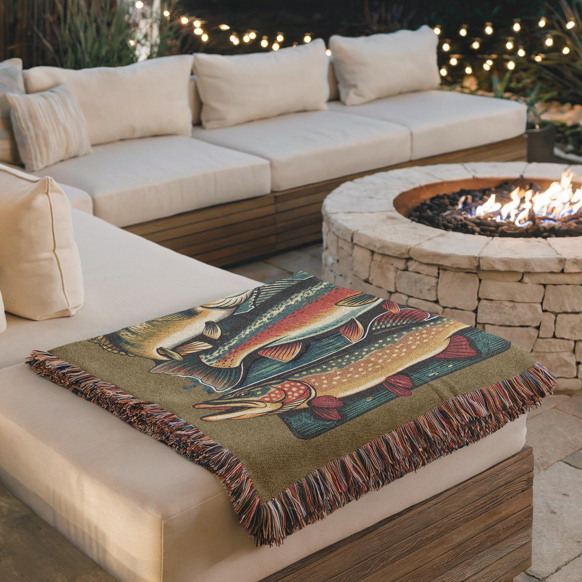 Cabin Woven Throw Blanket Bass Walleye Pike Trout Fish Art Tapestry Fly ...