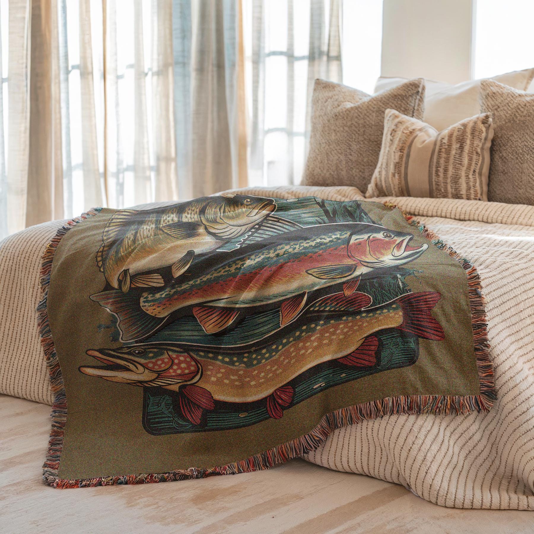 Cabin Woven Throw Blanket Bass Walleye Pike Trout Fish Art Tapestry Fly ...