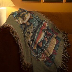 Cabin Woven Throw Blanket Bass Walleye Pike Trout Fish Art Tapestry Fly ...
