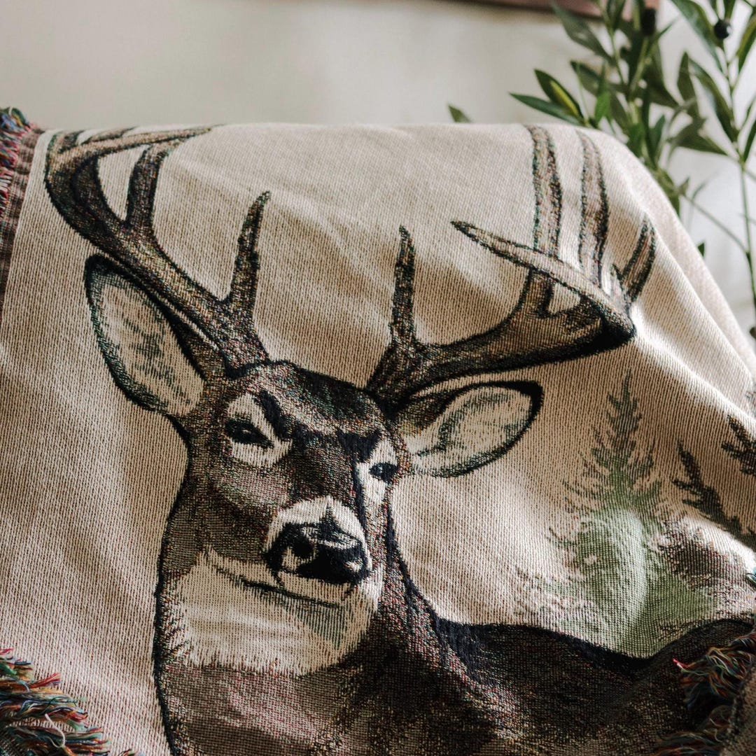 White-tailed Deer Hunting Cabin Blanket | Woven Throw Blanket Gift for ...
