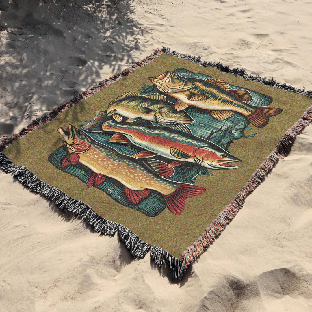 Cabin Woven Throw Blanket Bass Walleye Pike Trout Fish Art Tapestry Fly ...