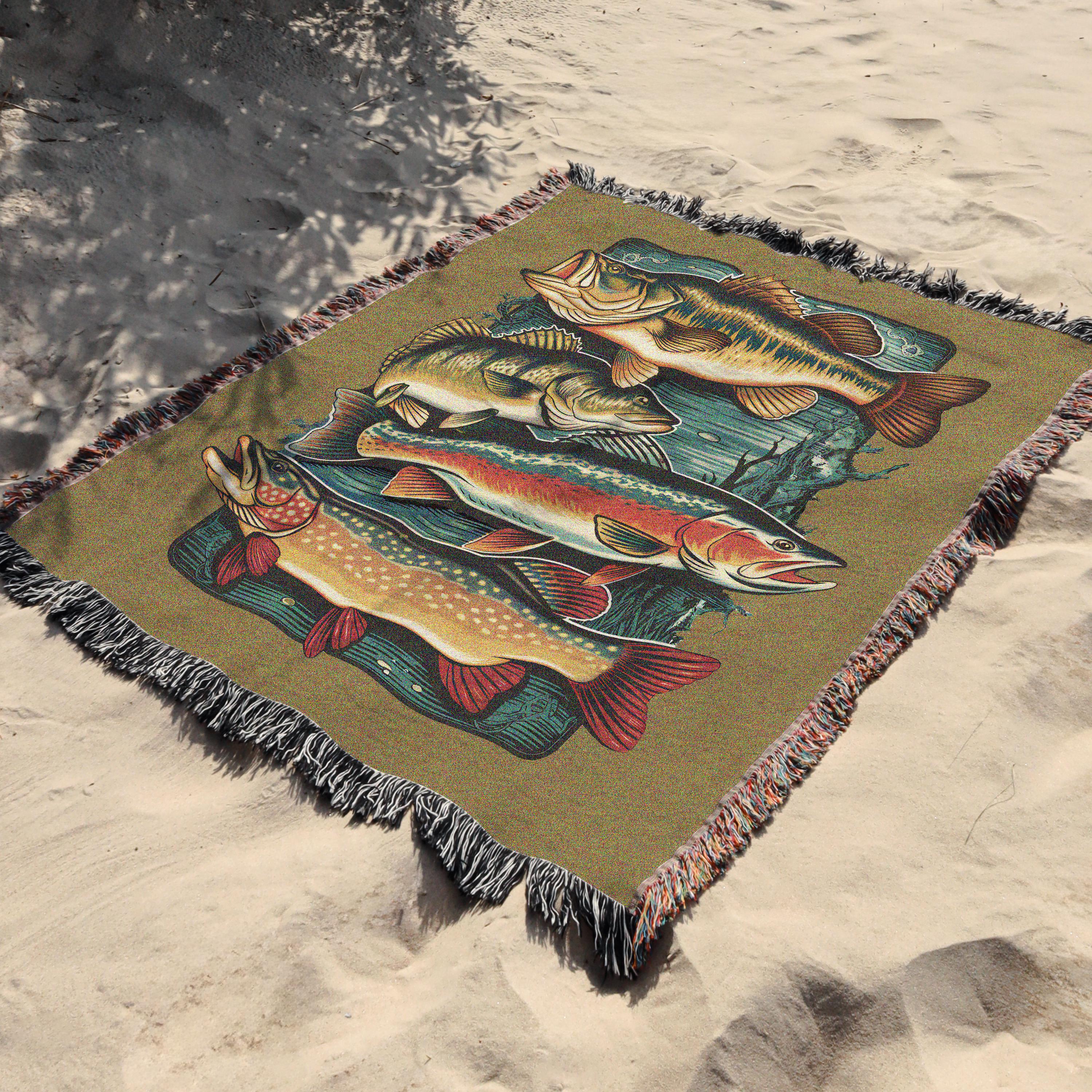 Cabin Woven Throw Blanket Bass Walleye Pike Trout Fish Art Tapestry Fly ...