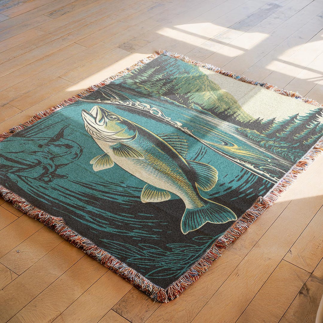 Cabin Woven Throw Blanket Walleye River Fish Art Tapestry Fly Fishing ...