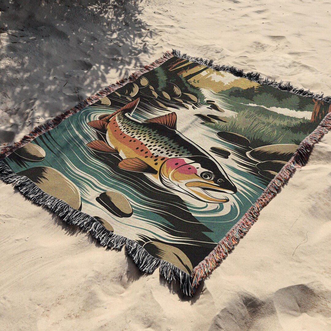 Cabin Woven Throw Blanket Rainbow Trout River Fish Art Tapestry Fly ...