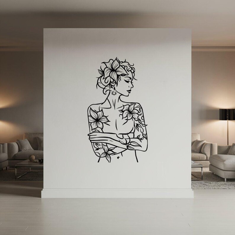 Flower and Woman 2D Wall Art Stl, Dxf, Svg Files Linear Silhouette ...