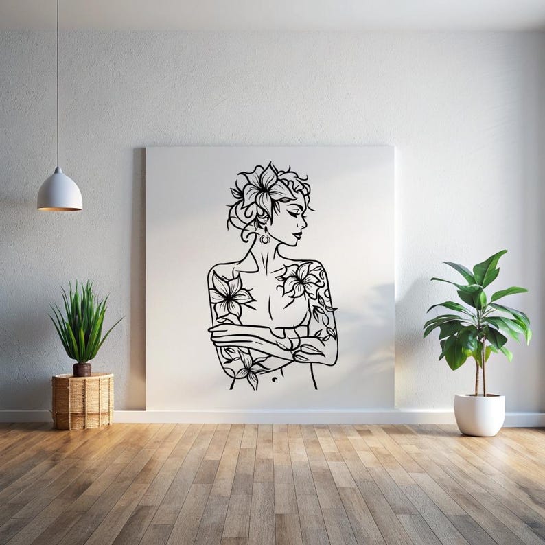 Flower and Woman 2D Wall Art Stl, Dxf, Svg Files Linear Silhouette ...