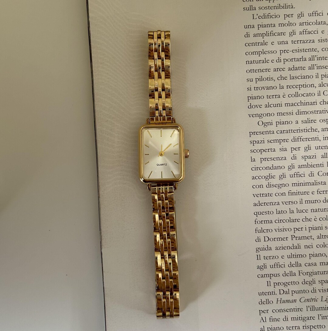Womens Minimal Watch, Gold Womens Wrist Watch, Rectangle Dial Dainty ...