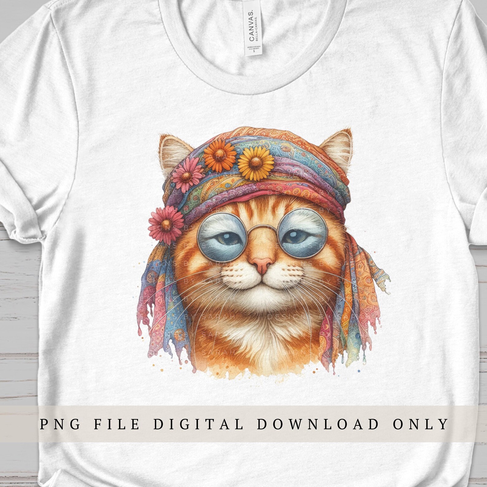 Boho Hippie Orange Cat With Glasses PNG Graphic, Retro Hippy Ginger Cat ...