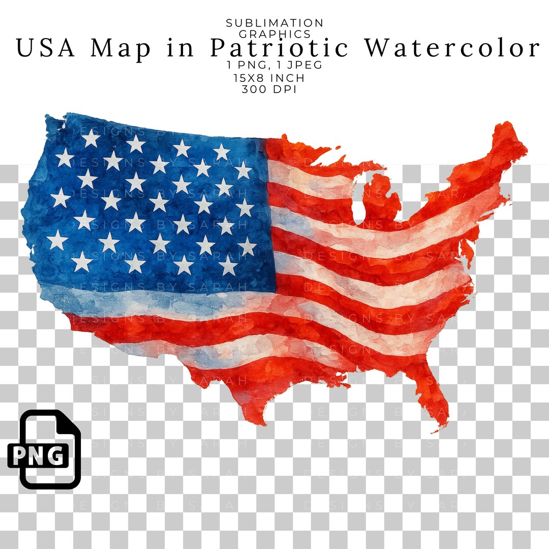 USA Map in Patriotic Watercolor Sublimation PNG Graphic Design for T ...
