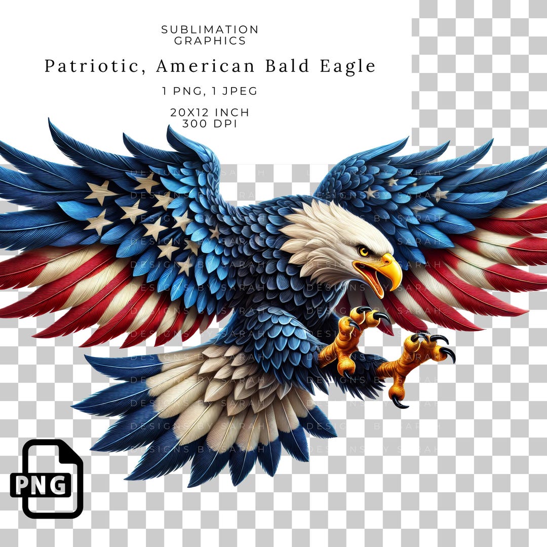 Patriotic Bald Eagle American Flag Clipart, USA Eagle Sublimation PNG ...