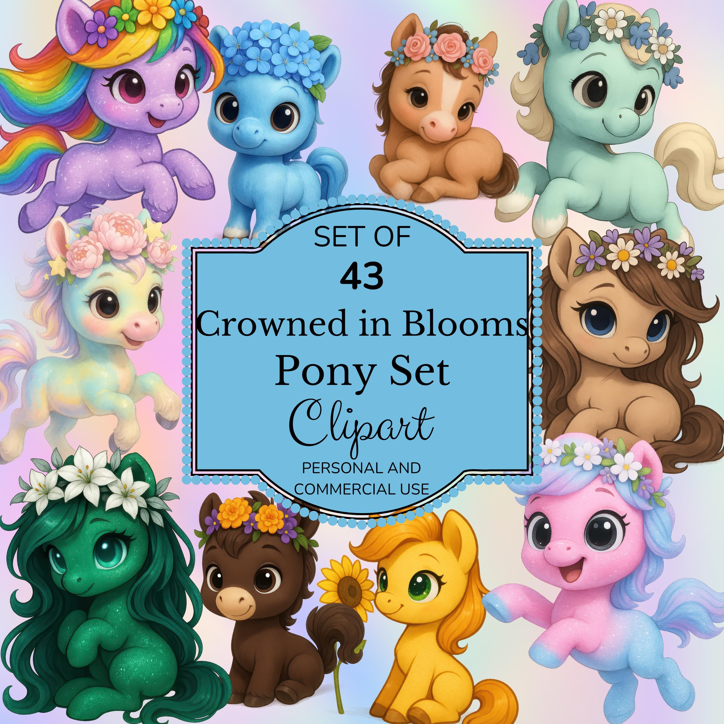 Pastel Pony Clipart Set: Flower Crown Ponies, Sublimation Graphics - Etsy