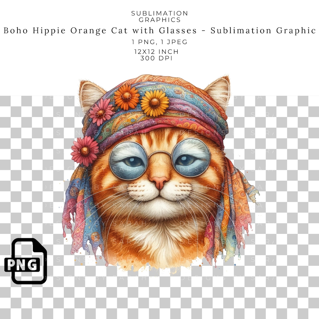 Boho Hippie Orange Cat With Glasses PNG Graphic, Retro Hippy Ginger Cat ...
