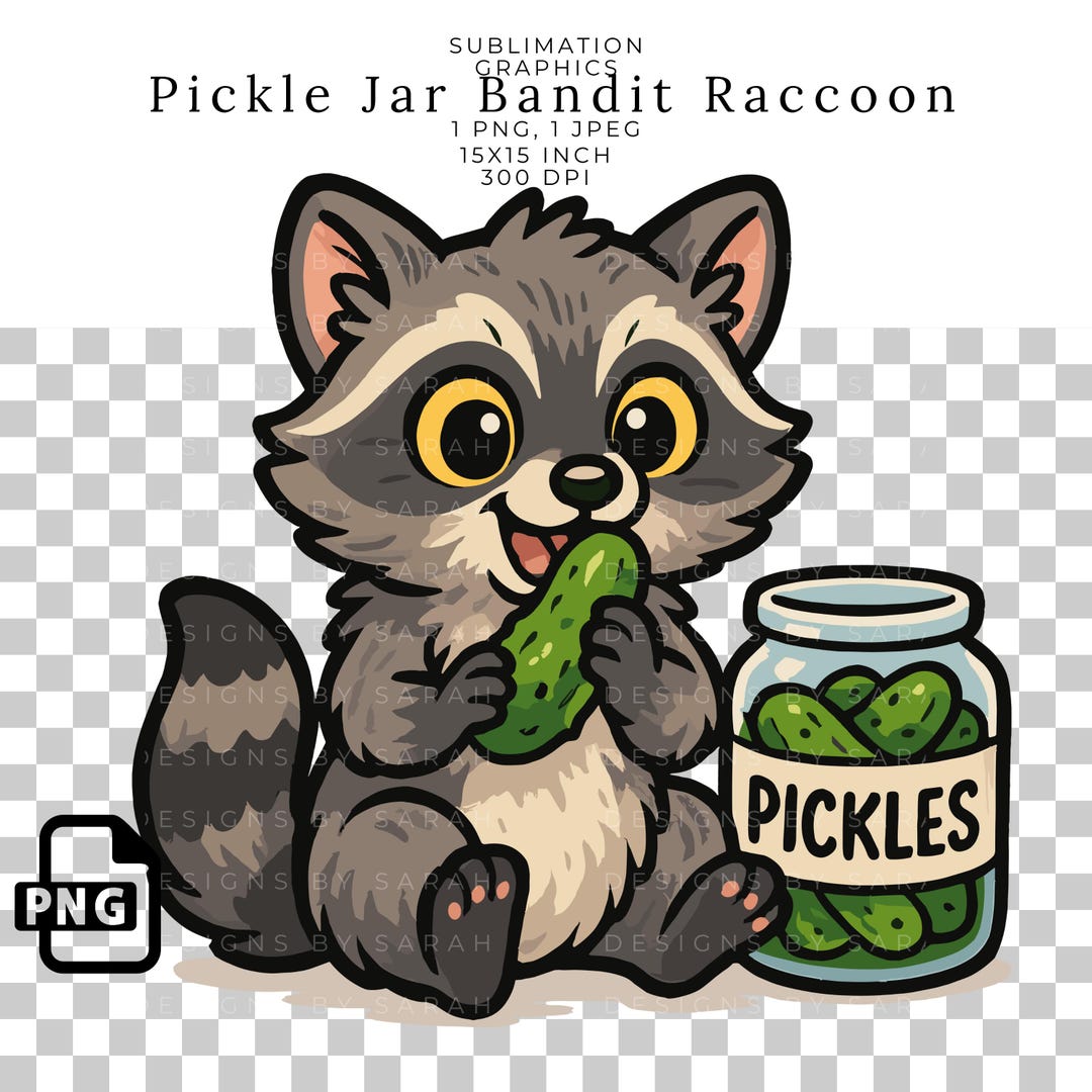 Raccoon Pickle Jar Bandit PNG: Funny Cartoon Graphic (15x15 Inches, 300 ...