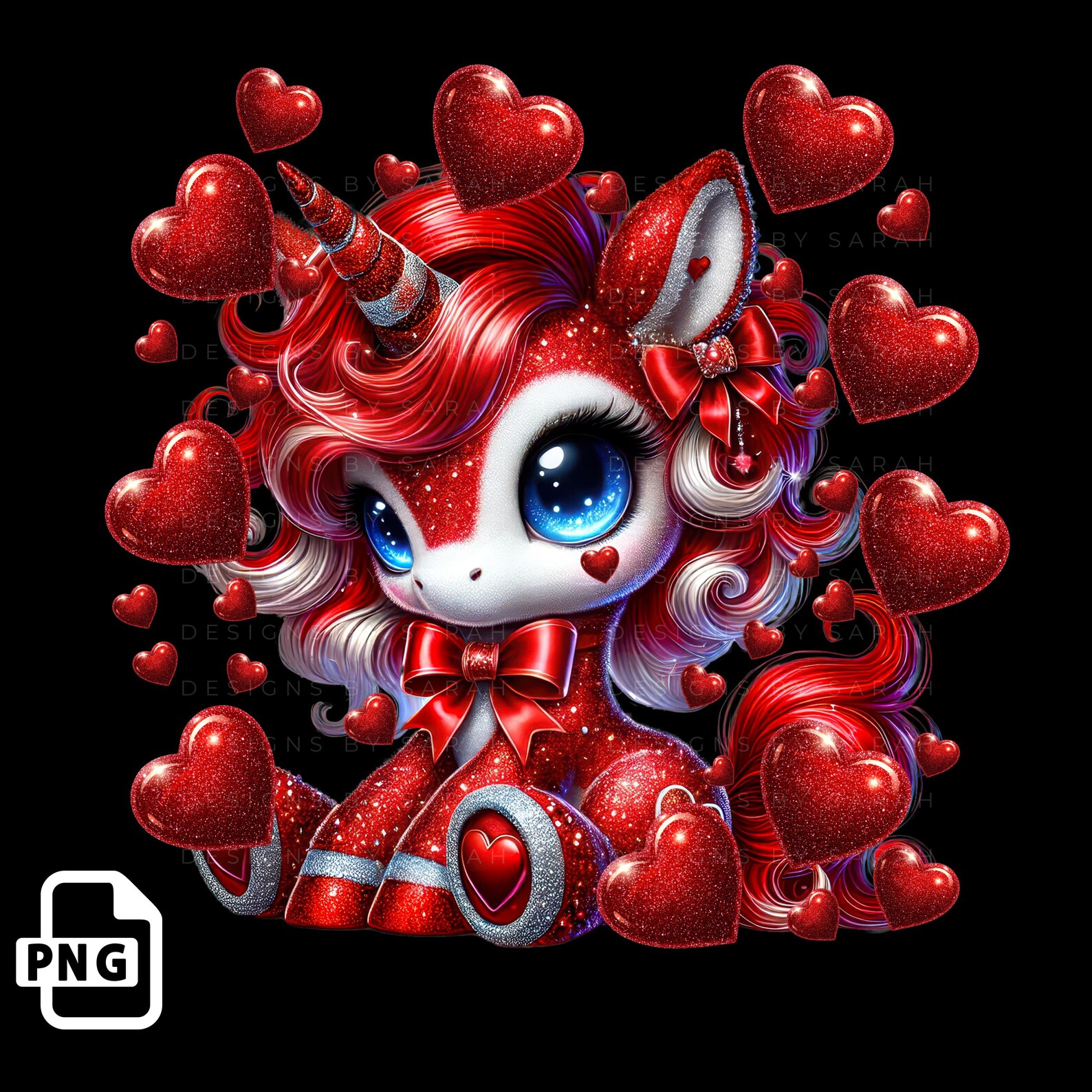 Valentine's Day Red Unicorn PNG: Glitter Hearts Sublimation Design - Etsy
