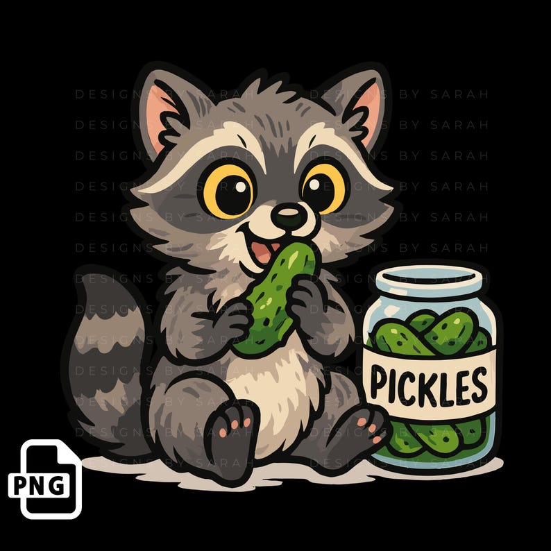 Raccoon Pickle Jar Bandit PNG: Funny Cartoon Graphic (15x15 Inches, 300 ...