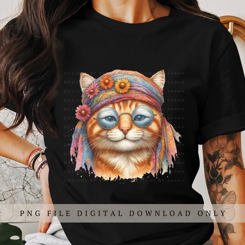 Boho Hippie Orange Cat With Glasses PNG Graphic, Retro Hippy Ginger Cat ...