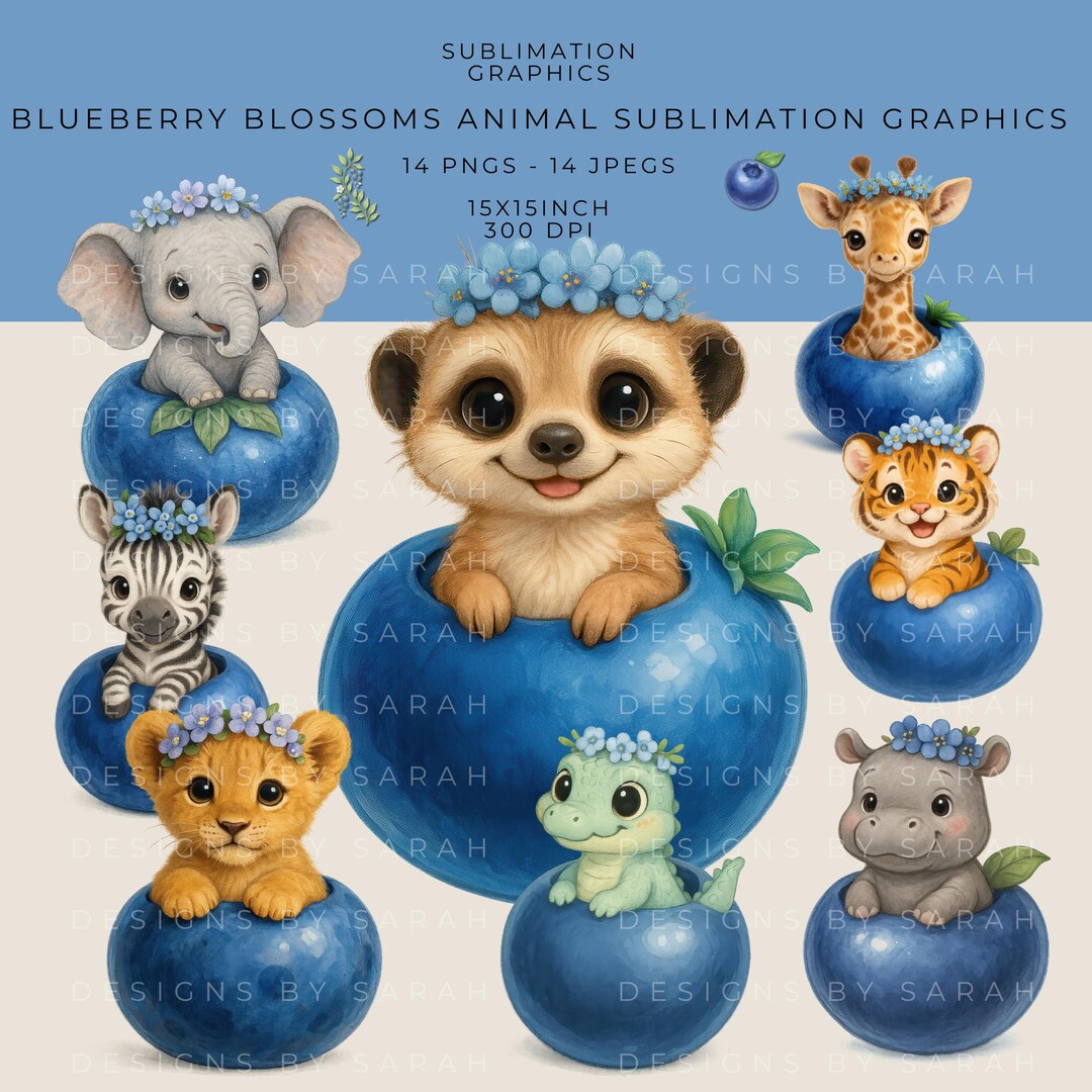 Blueberry Animal Clipart: Flower Crown Pngs for Sublimation - Etsy