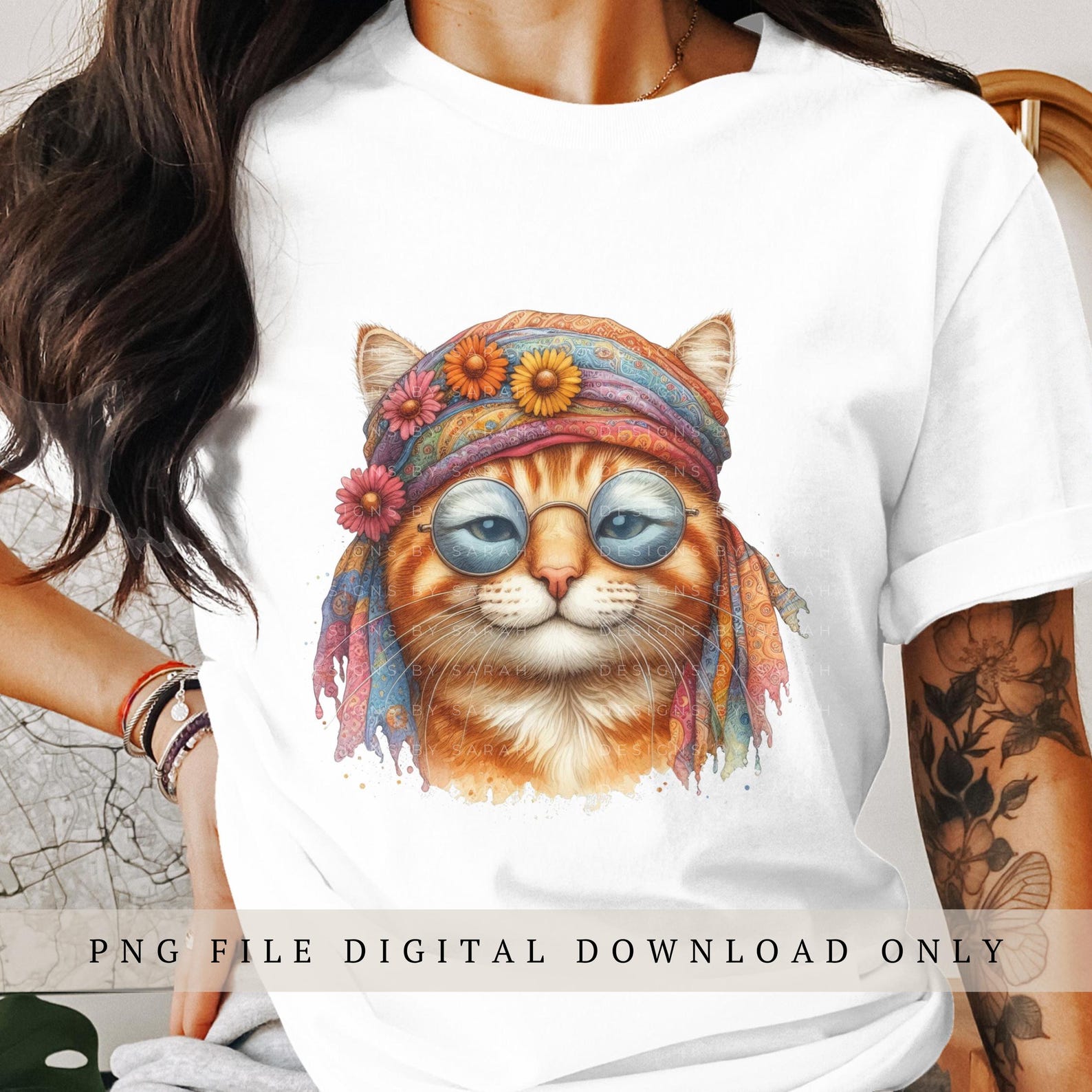 Boho Hippie Orange Cat With Glasses PNG Graphic, Retro Hippy Ginger Cat ...