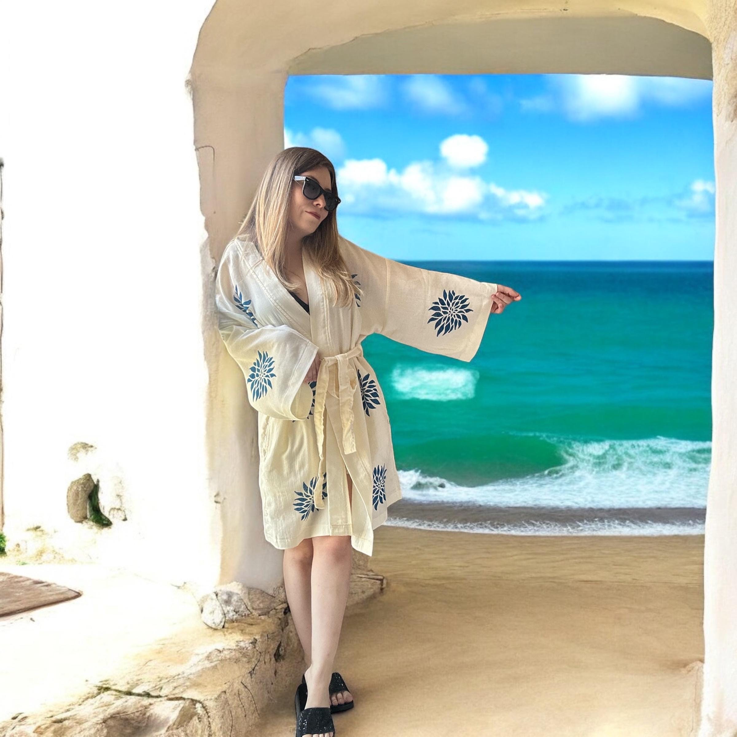 Dark Blue Flower Thin Muslin Short Beach Kimono Organic Boho Kaftan ...