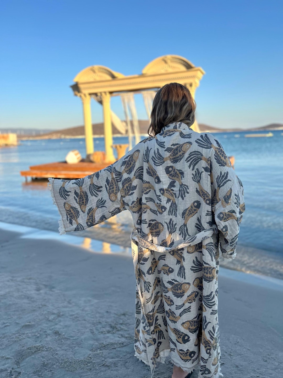 Fish Pattern Muslin Kimono Robe – Cotton Jacquard Beach Cover Up - Etsy