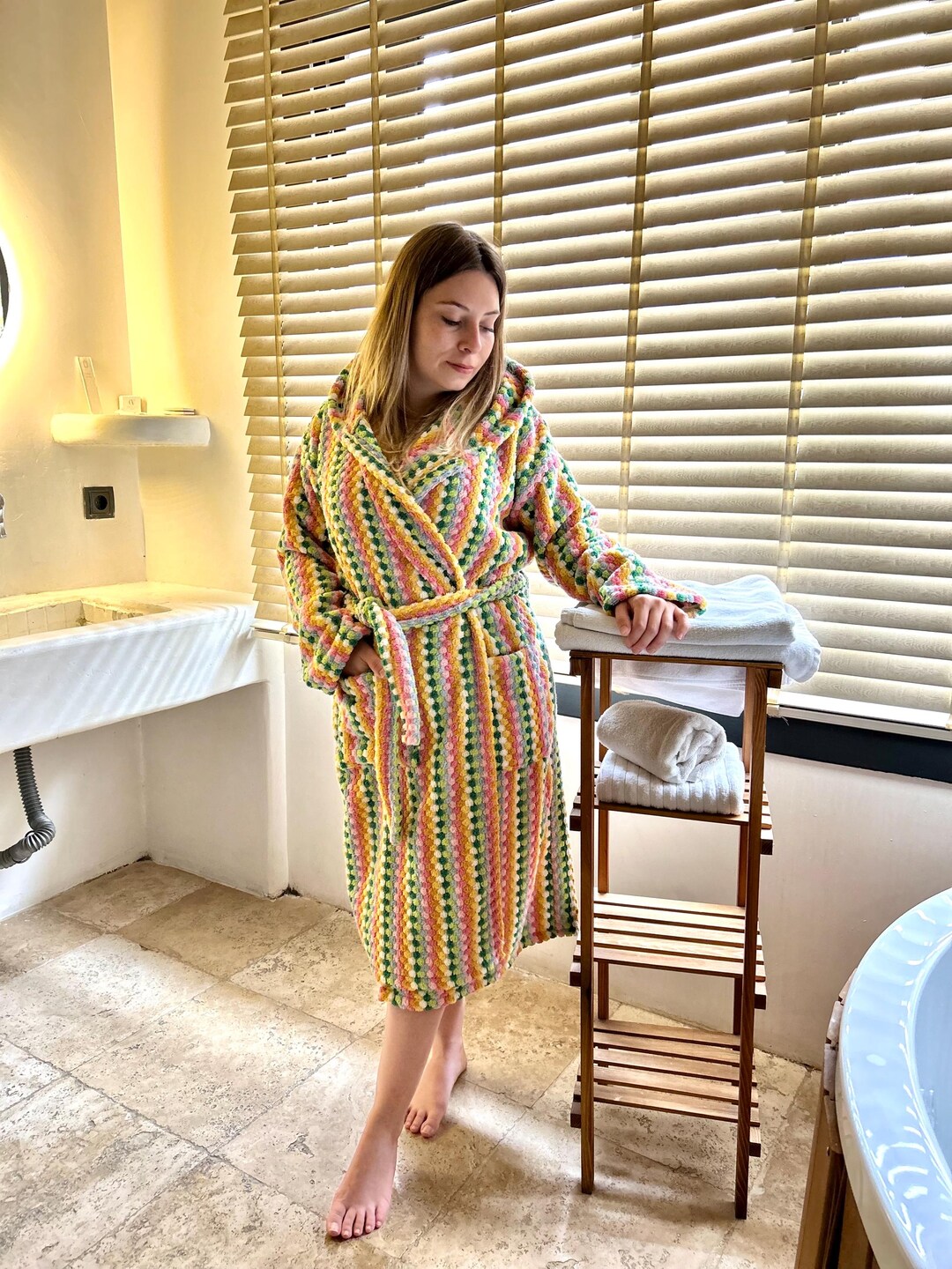 Handwoven Turkish Cotton Hooded Bathrobe: Multicolor Bubble Design - Etsy