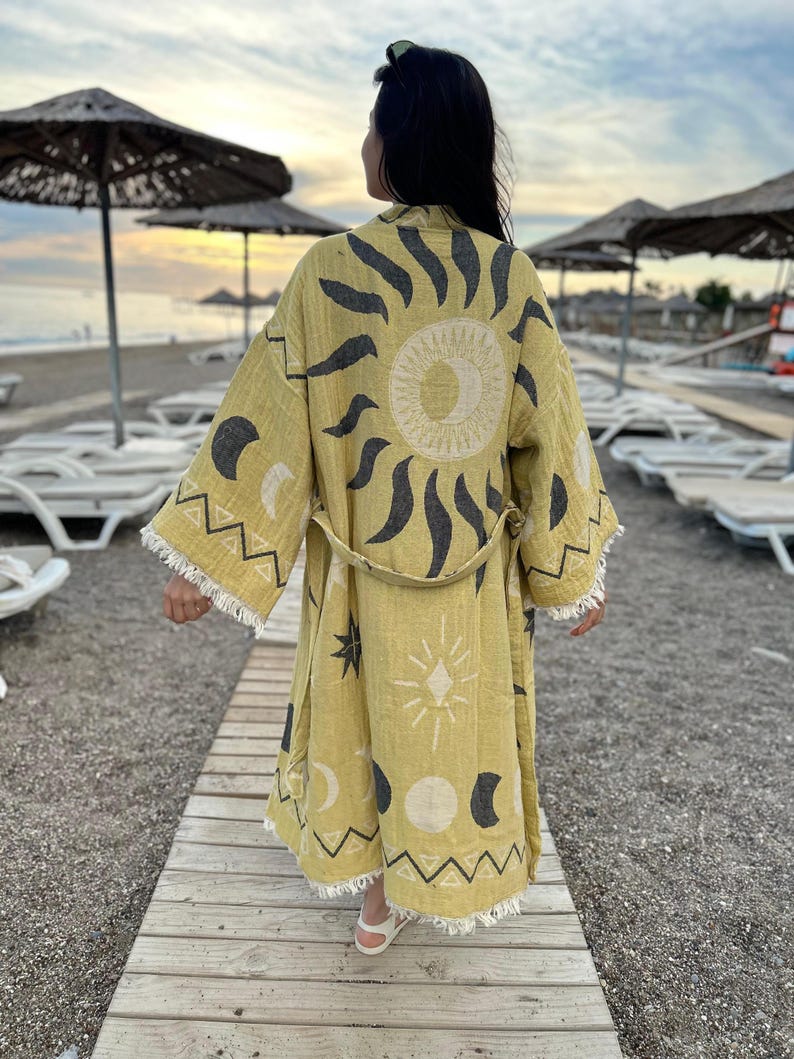 Sun & Moon Jacquard Muslin Kimono: Handwoven Cotton Boho Robe - Etsy
