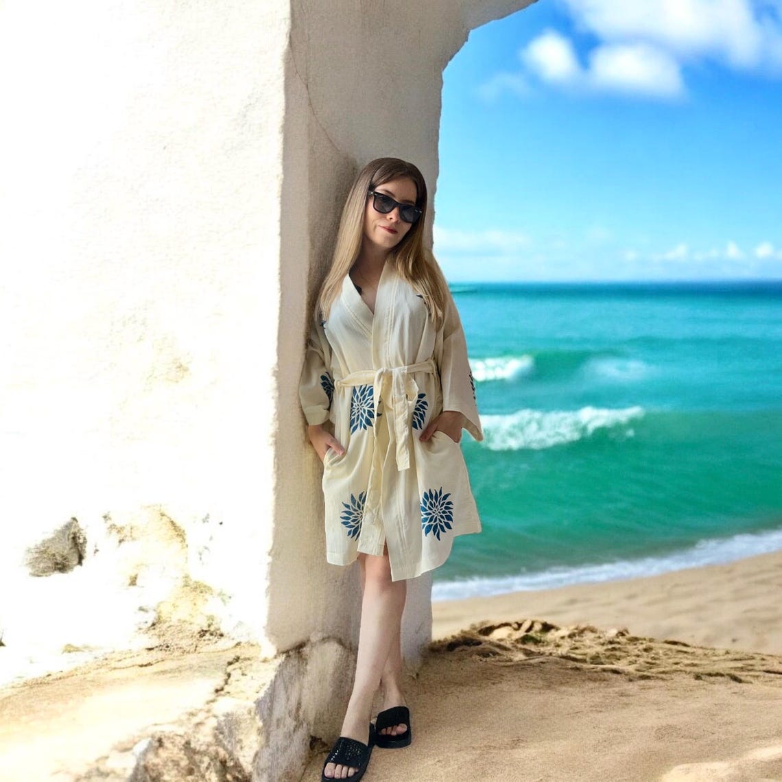 Dark Blue Flower Thin Muslin Short Beach Kimono Organic Boho Kaftan ...