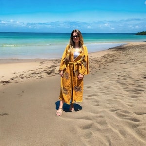 Mustard Palms Muslin Beach Kimono, Organic Cotton Kaftan, Organic ...