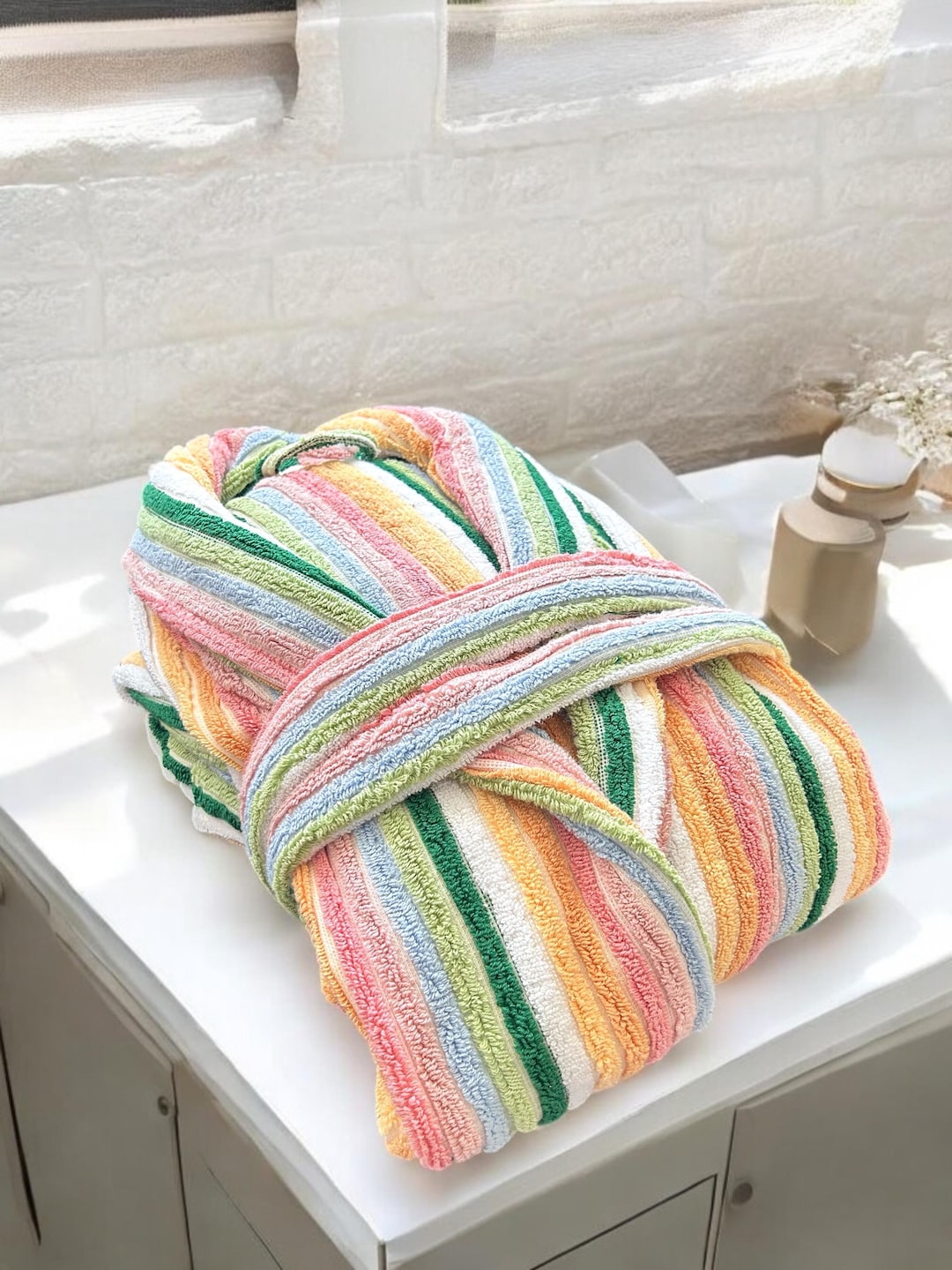 Striped Turkish Cotton Bathrobe: Handwoven Unisex Robe - Etsy
