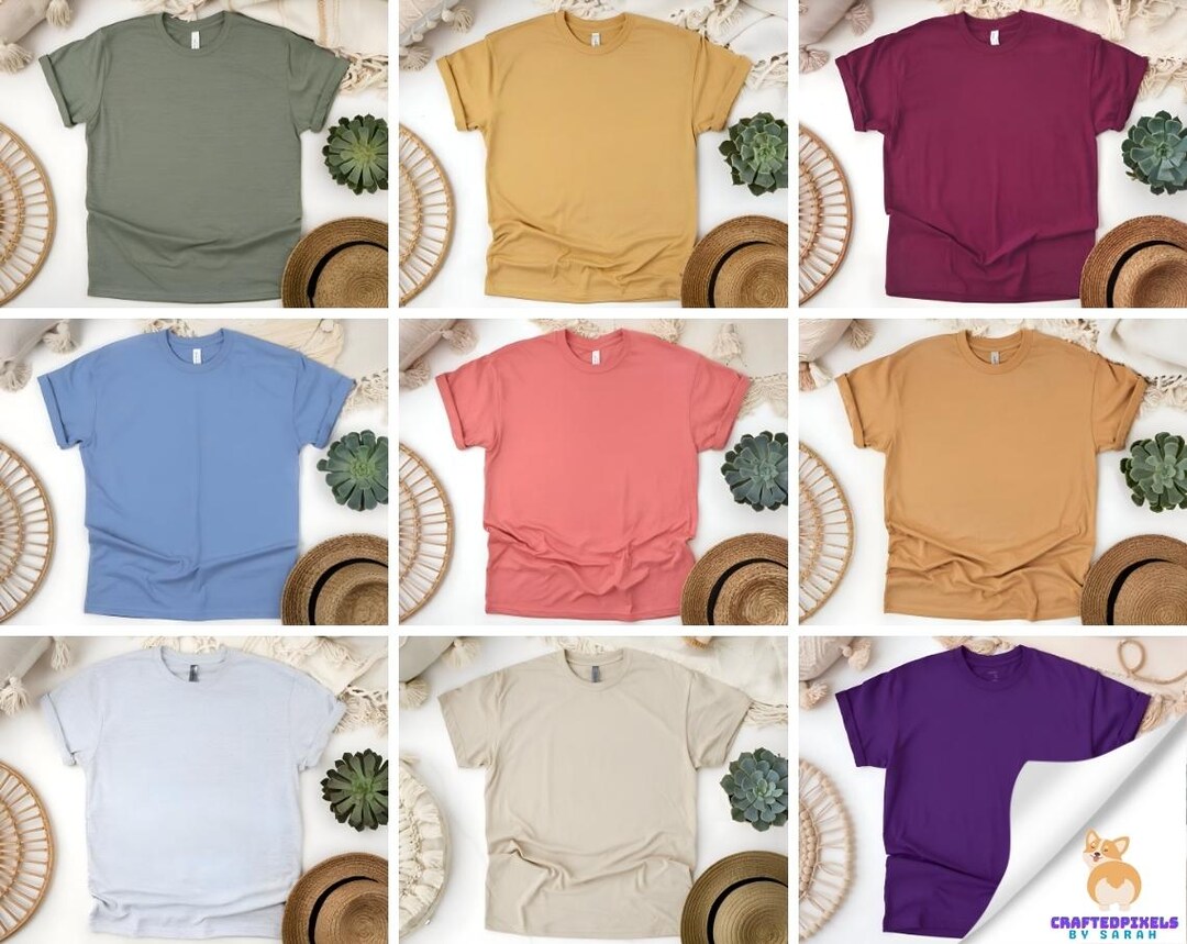 60 + Gildan 5000 Flatlay T-shirt Mockup Bundle | G500 Crewneck Tee Mock ...