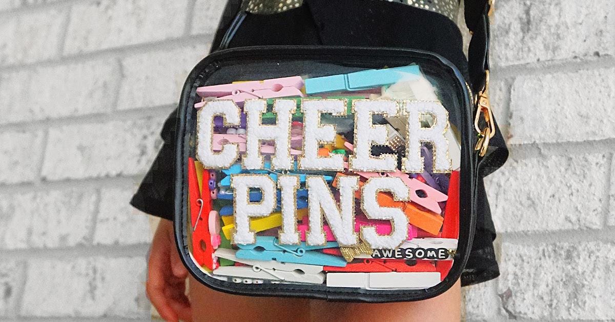 CHEER PINS Bag With Chenille Lettering. Cheerleading Clip Peg Holder ...