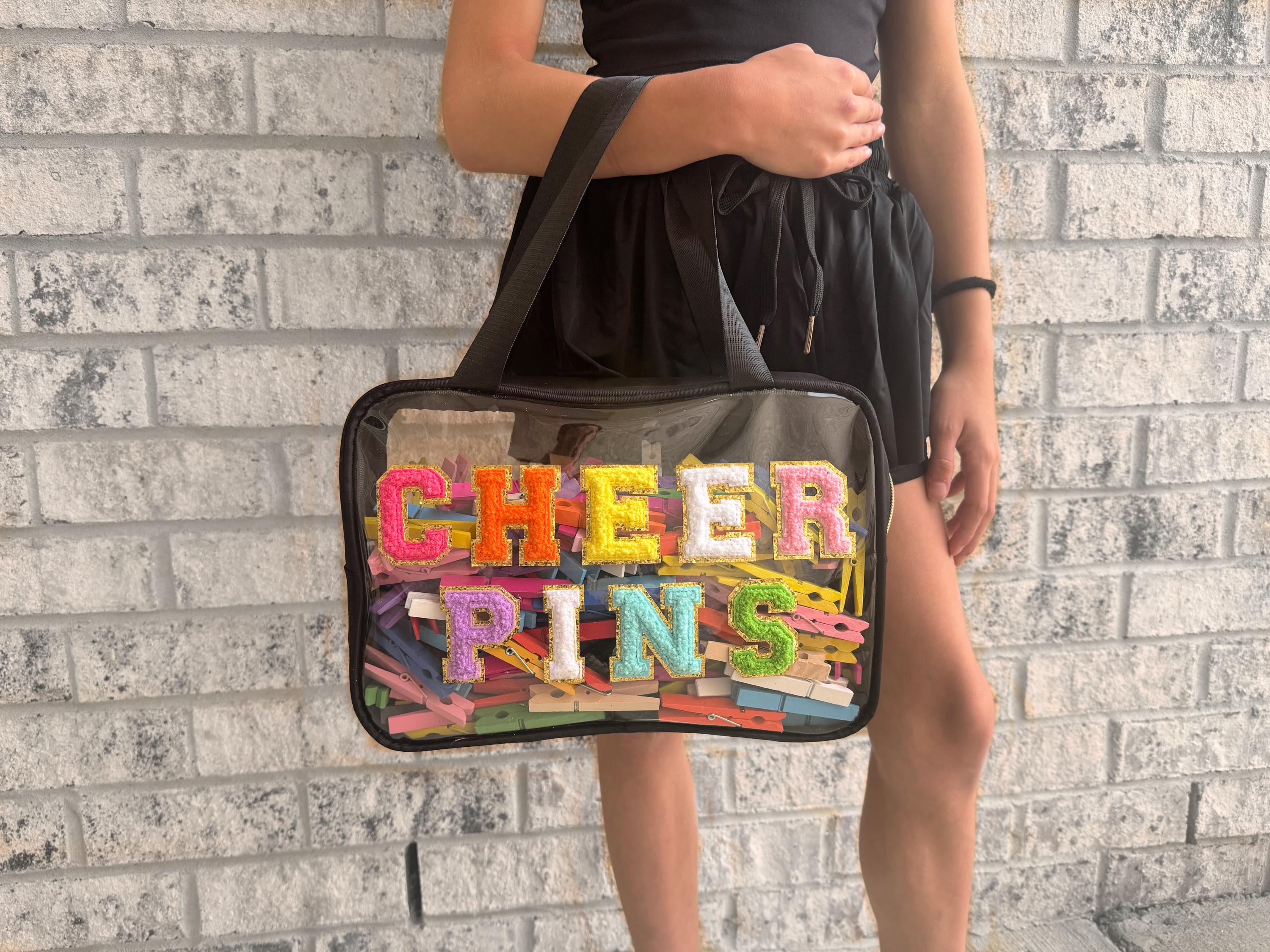 CHEER PINS Bag With Chenille Lettering. Cheerleading Clip Peg Holder ...