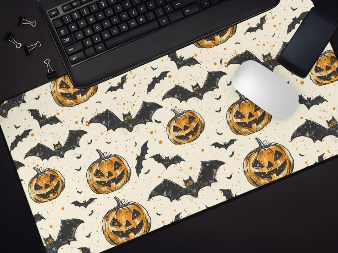 Spooky Jack O Lantern Bats Desk Mat Large Halloween Mouse Pad Pumpkin ...