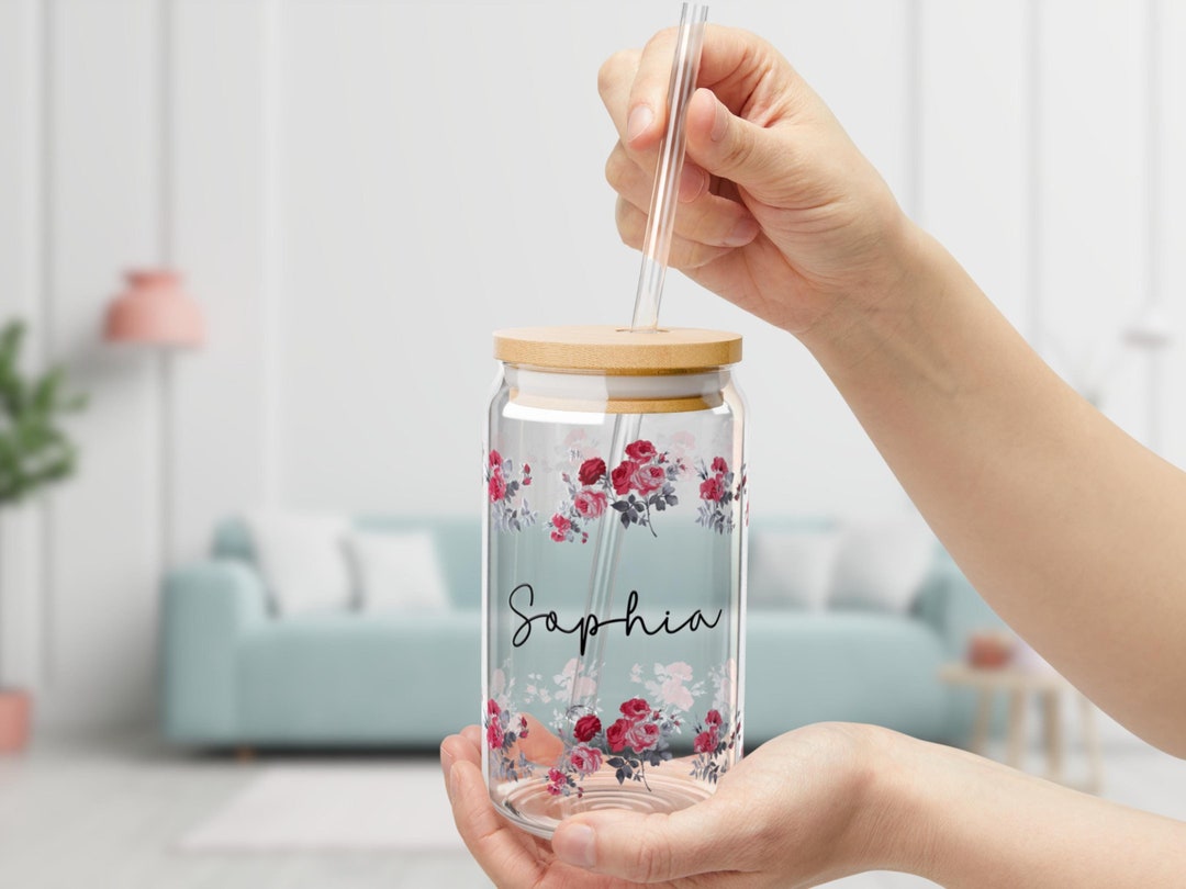 Personalized 16oz Rose Bud Glass Can With Bamboo Lid & Straw | Custom ...