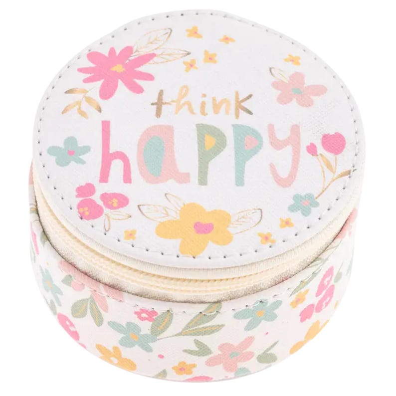 Think Happy Travel Case, Round Jewelry Case, Floral Trinket Box, Small ...